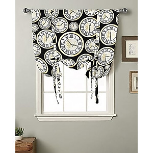 AMZRicher Gold Floral Tie Up Curtains for Window, Black White Clock Minimalist Geometry Thermal Insulted Balloon Shade Adjustable Rod Pocket Curtains Valance Panels for Kitchen Bathroom Café 46 x 63