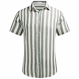 COOFANDY Men's Green Striped Linen Button Up Shirts Short Sleeve Business Casual Shirt