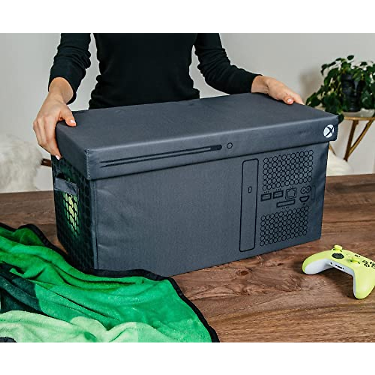 Ukonic Xbox Series X Logo Collapsible Storage Bin Chest with Lid | Fabric Basket Container with Handles, Cubby Cube Closet Organizer | Video Game Gifts And Collectibles | 24 x 12 Inches