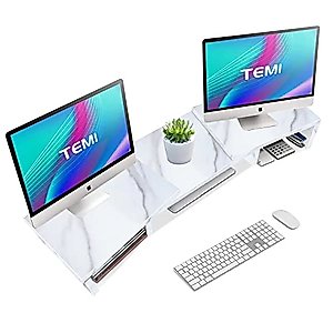 TEMI Dual Monitor Stand Riser with Adjustable Length and Angle, White Slate Texture Computer Monitor Stand, 3 Shelf Desktop Storage Organizer Riser for Laptop/Computer/TV/PC/Printer