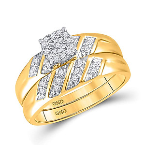 Sizes - L = 8, M = 11 - 10K Yellow Two Tone Gold Round Diamond Halo Circle Trio Three Ring Set - Matching His and Hers Engagement Ring & Wedding Bands - Prong Set Solitaire Center Setting Shape with Channel Set Side Stones (.28 cttw.) - Please use drop do