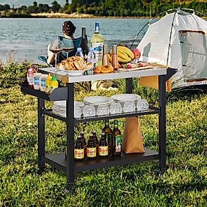 Polar Aurora Three-Shelf Movable Outdoor Grill Cart Pizza Oven Stand, Multifunctional Kitchen Food Prep Table with Drawer, Stainless Steel Desktop Dining Worktable on 4 Wheels & Seasoning Tray