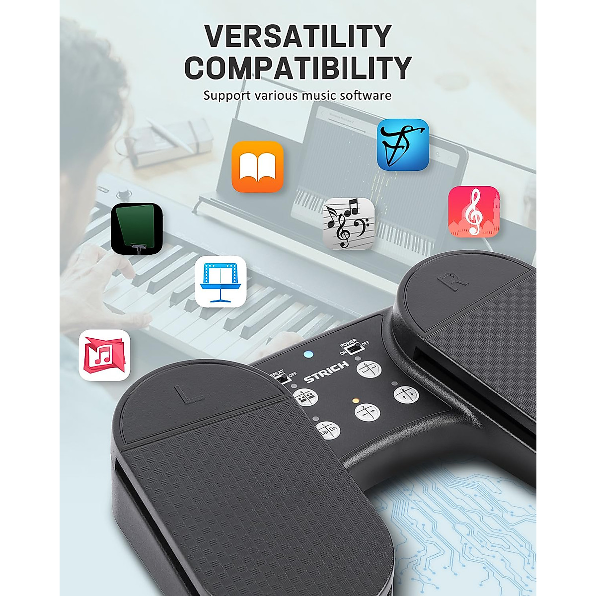 STRICH Wireless Page Turner Pedal for iPad, Rechargeable Music Page Turner Pedal, USB Silent Foot Pedal for Tablets Smartphones iPad Pro Multimedia Platforms PC, SPT-10