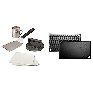 Cuisinart CSBK-400, Smashed Burger Kit, Cast Iron & Lodge LDP3 Reversible Grill/Griddle, 9.5-inch x 16.75-inch