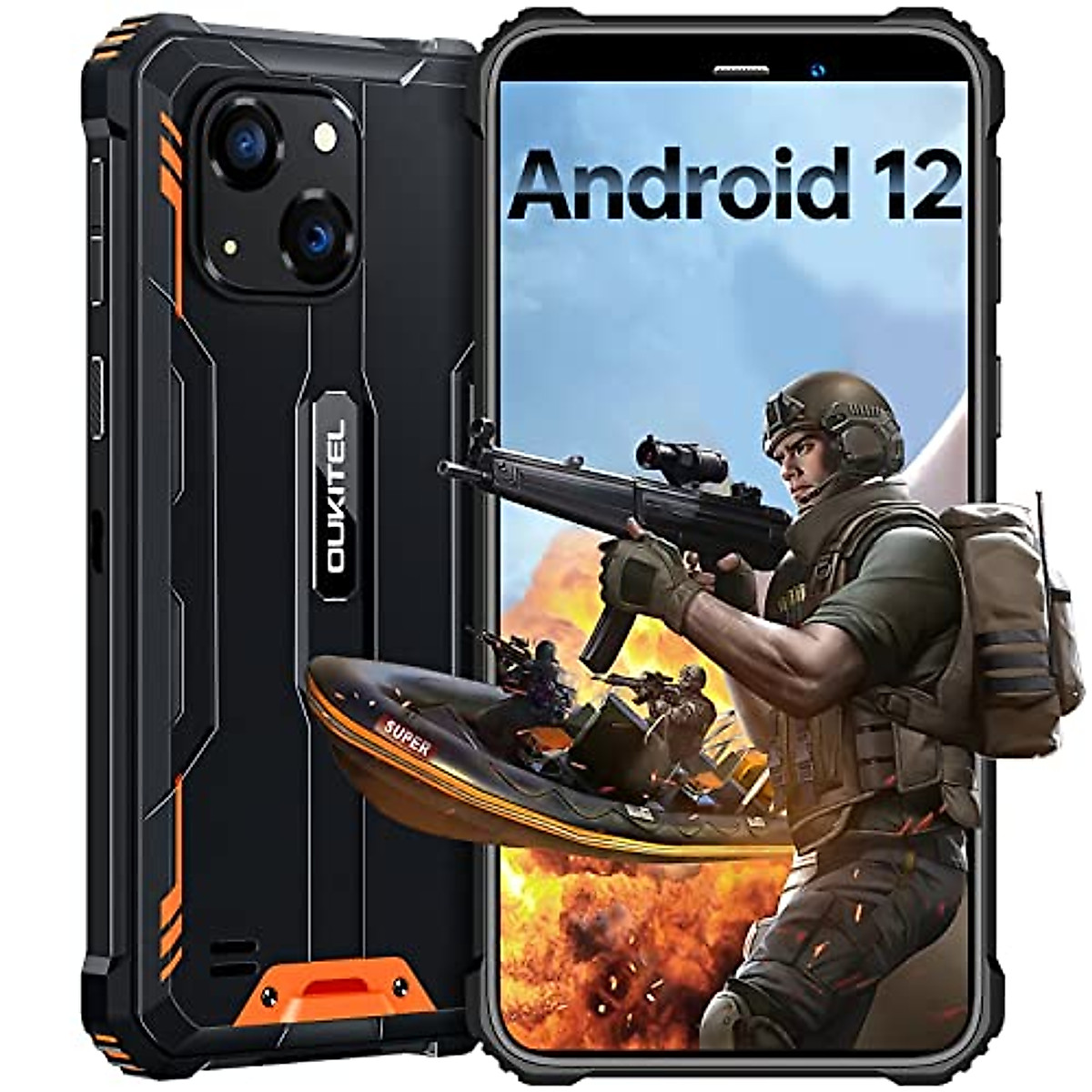 OUKITEL WP20 Pro Rugged Smartphone, 4GB+64GB Octa-Core 5.93" Rugged Phone Android 12, 6300mAh Battery, IP68 Waterproof, 20MP Camera, Global Version 4G LTE Cell Phone, Face ID+Fingerprint, NFC, Orange