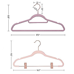 SONGMICS 50-Pack Velvet Hangers and 24-Pack Pants Hangers Bundle, Clothes Hanger with Rose Gold Swivel Hook, Coat Hangers with Movable Clips, Pale Purple and Light Pink UCRF021GP50 and UCRF14PK24