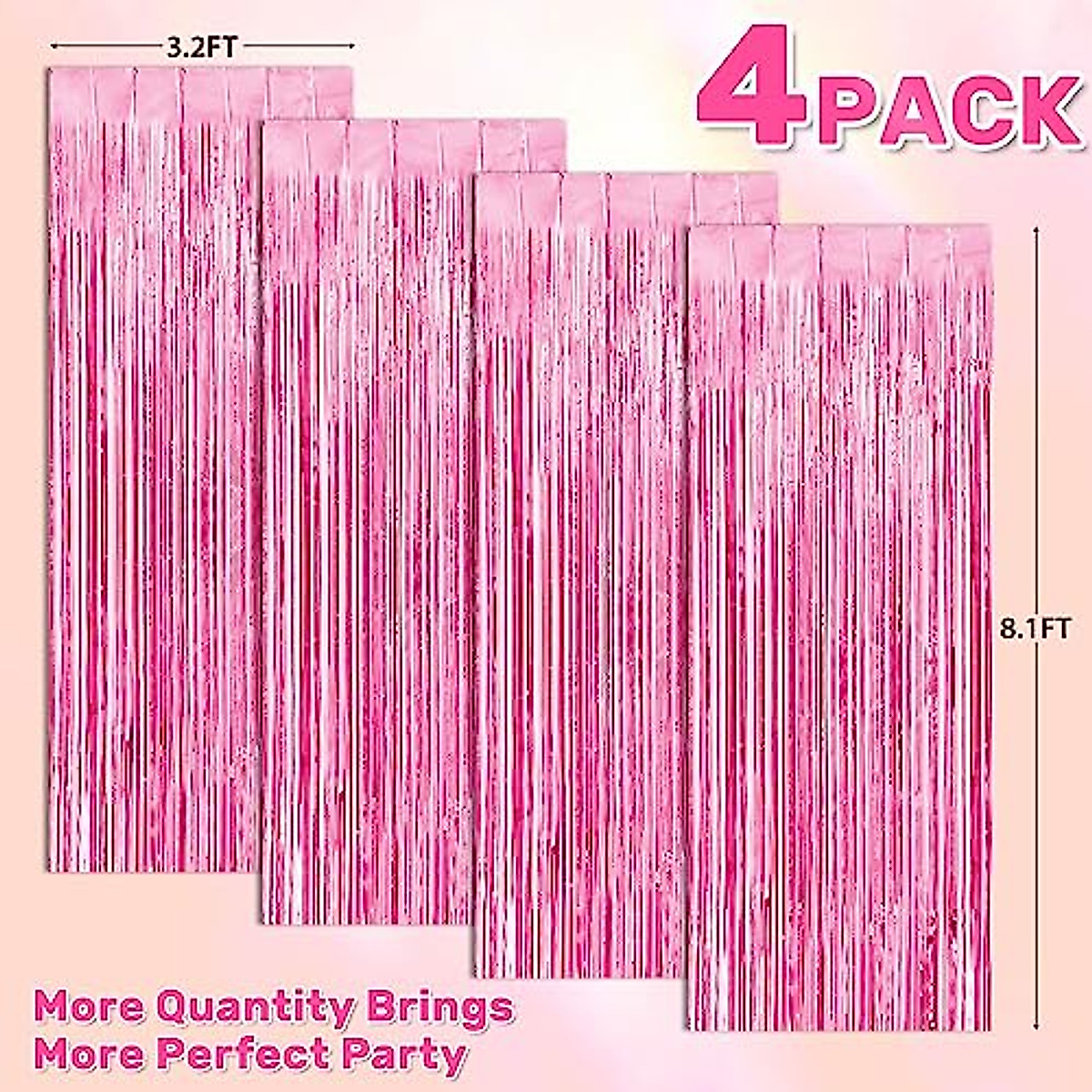4-Pack Backdrop for Party Decorations, Foil Fringe Backdrop Curtains, Tinsel Streamers for Birthday Party Decorations, Pink Backdrop Curtains for Girl Graduation Unicorn Mermaid Disco Princess Parties