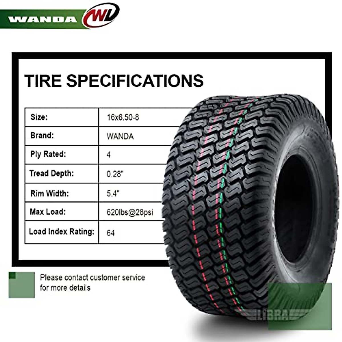 One WANDA 16x6.50-8 Lawn Mower Tractor Cart Turf Tires P332 /4PR- 13019