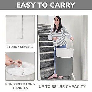 Goodpick 60L Laundry Basket with Lid, Collapsible Laundry Hamper for College Dorm, Foldable Dirty Clothes Basket, Storage Laundry Bin with Handles, 1 Pack, 60L, White & Grey