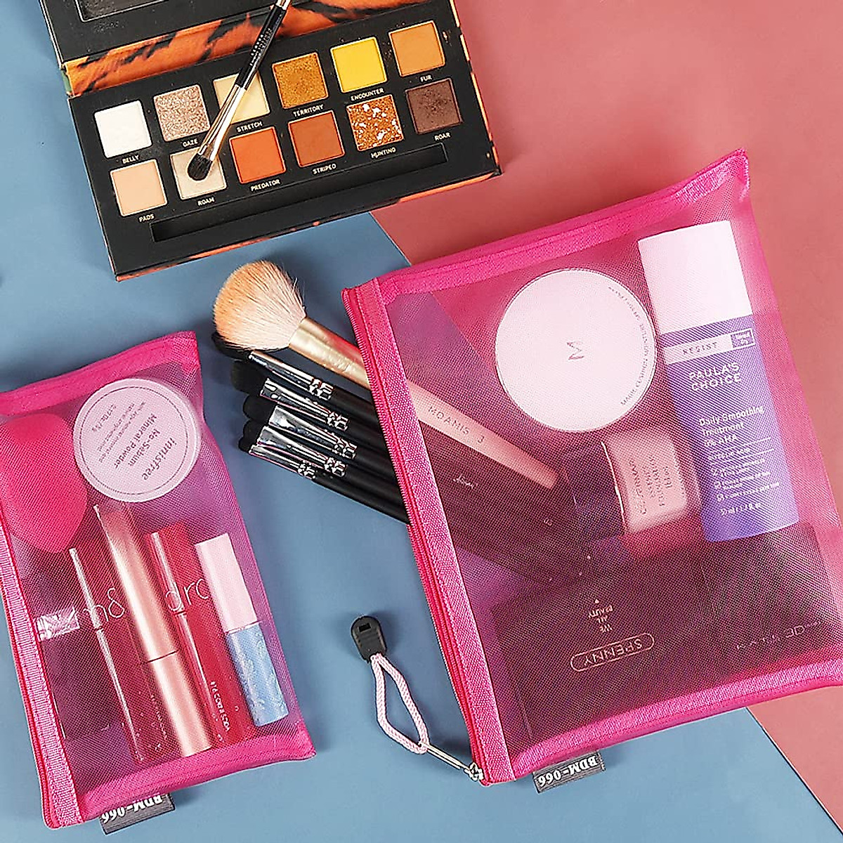 besharppin 6 Pack Mesh Cosmetic Bags, Nylon Makeup Pouches with Zipper for Home Office Purse Diaper Bag (Rose)