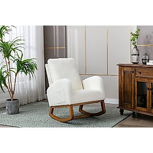 Pannow Upholstered Rocking Chair Mid-Century, Modern Nursery Rocking Armchair, Upholstered Tall Back Accent Glider Rocker with 2-Side Pocket for Bedroom Living Room Lounge (White Teddy)