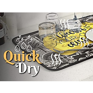 Dish Drying Mat for Kitchen Counter, Best Housewarming & Kitchen Gifts for New House, 16"x22",Absorbent Microfiber, Comes with Faucet Splash Catcher, Unique Design, Gift Box Ready-Wash Dishes