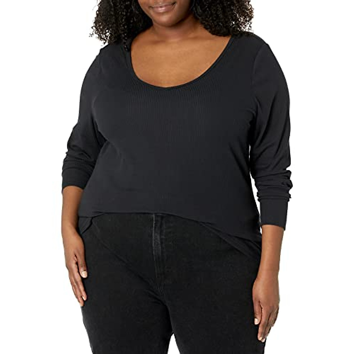 Amazon Essentials Women's Fitted Long Sleeve Shirt, Slim-Fit - Layering Knit Rib V-Neck (Plus Size Available), Pack of 2, Black, Large