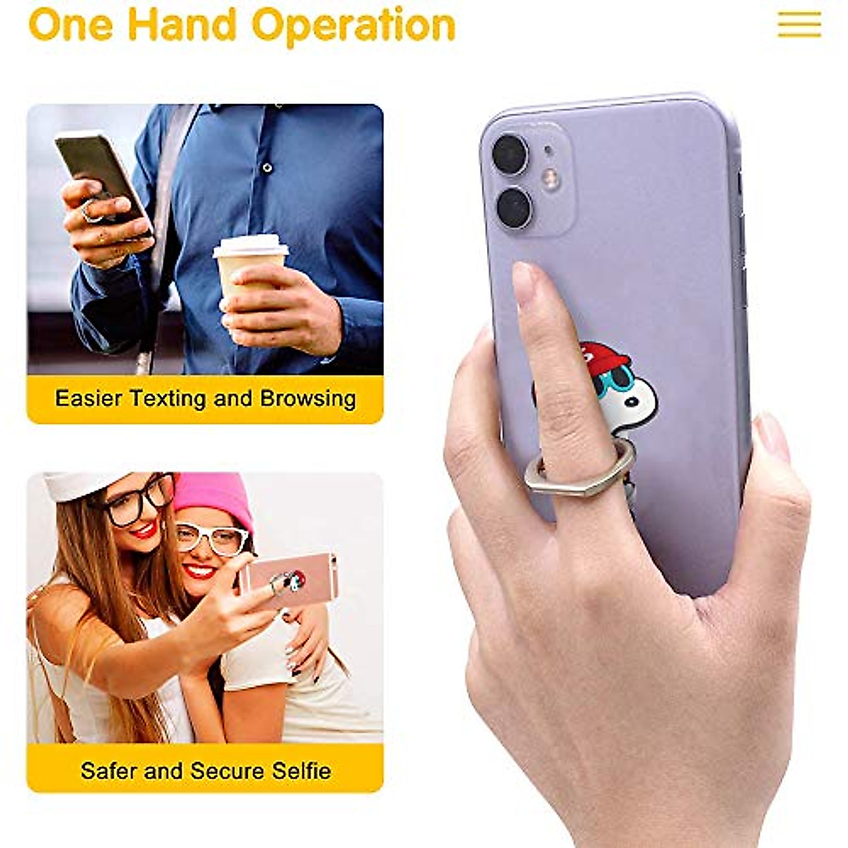 FINEX 3 Pcs Set Snoopy 2-in-1 Mobile Cell Smart Phone Kickstand Finger Ring and Holder Stand Grip for iPhone Samsung Android