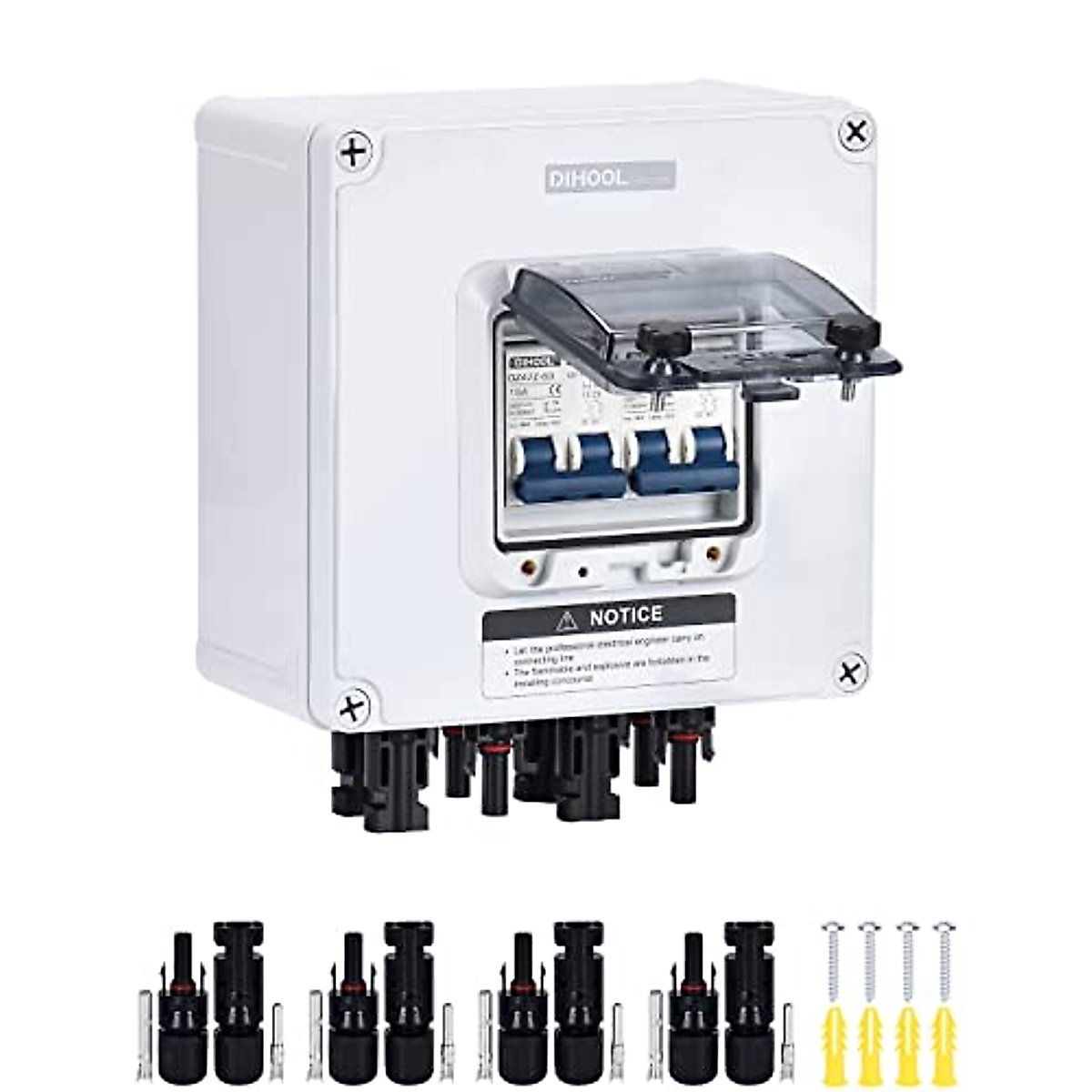DIHOOL 16 Amp Outdoor Disconnect Box IP66 Waterproof, 2 in 2 Out Miniature Circuit Breakers with Power Distribution Box