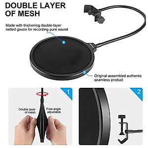 Tzong Microphone Pop Filter Mask Shield For Any Other Microphone, Dual Layered Wind Pop Screen With A Flexible 360° Gooseneck Clip Stabilizing Arm