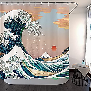 Blmiflwe 4 Piece Hokusai Great Wave Shower Curtain Set with Non-Slip Rugs,Toilet Lid Cover,U Shape Mat,Durable Rug Set Waterproof Funny Shower Curtains with 12 Hooks-Japanese Art Bathroom Decor Set