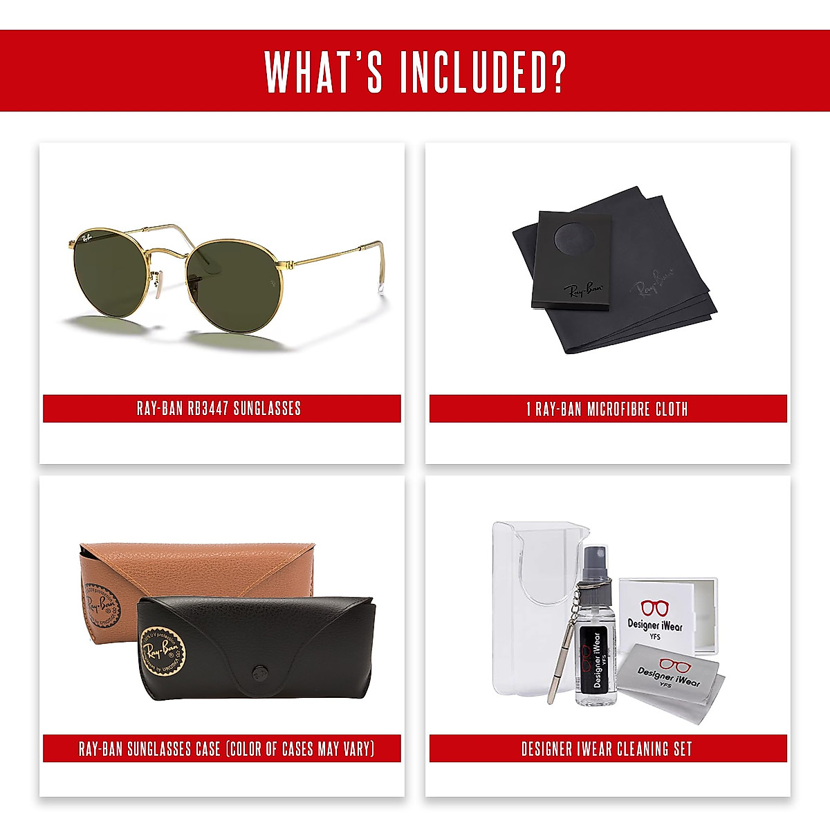 Ray-Ban RB3447 001 47M Gold/Crystal Lens G-15 Green ROUND METAL Sunglasses For Men + BUNDLE with Designer iWear Eyewear Kit (SMALL)