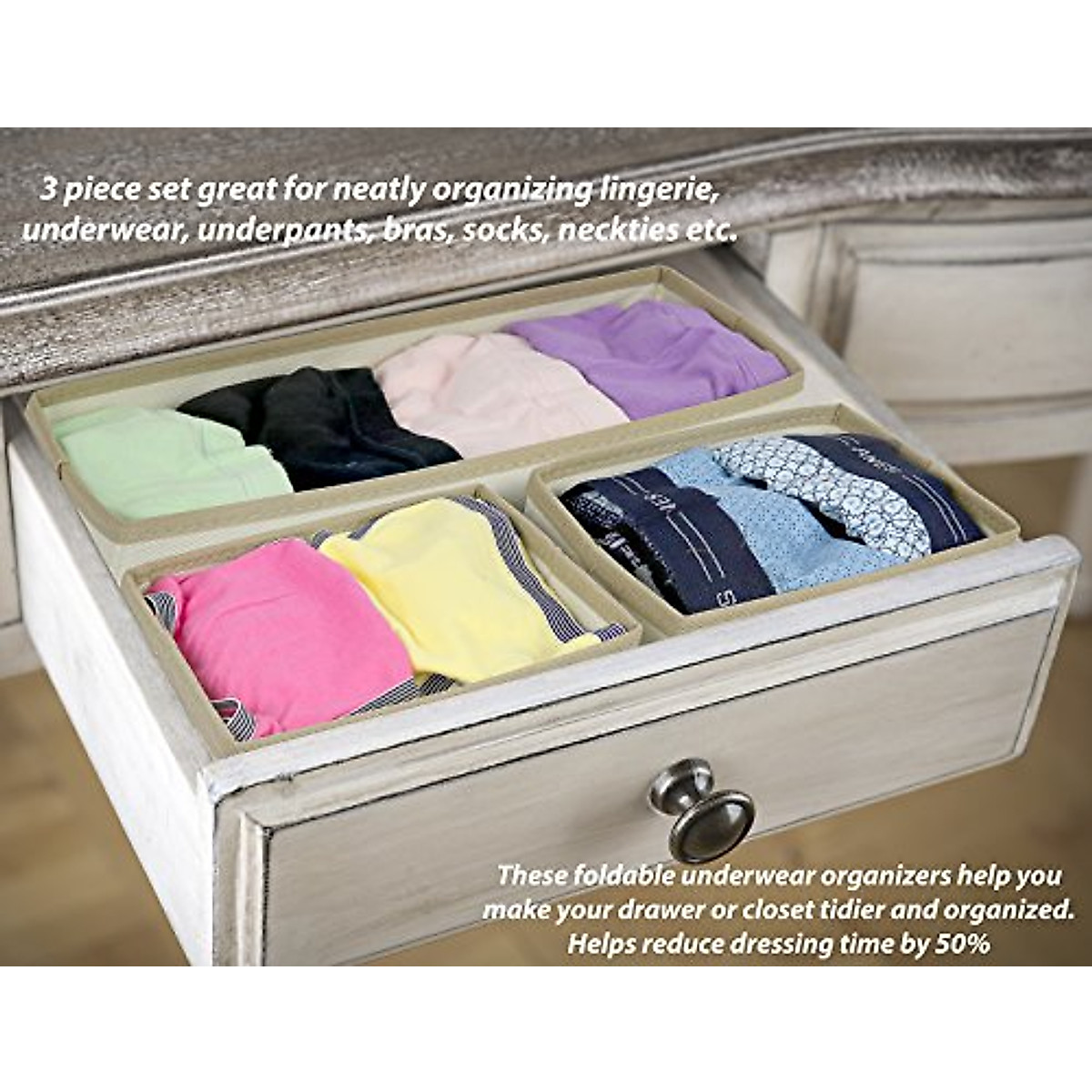 Greenco Non-Woven Foldable 3 Piece Drawer and Closet Storage Cube Set- (Beige)