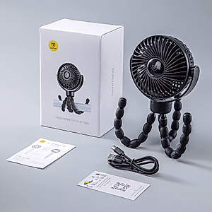 SMARTDEVIL Portable Stroller Fan, 4000mAh Small Battery Operated Baby Fan, 4 Speeds Car Seat Fan with Flexible Tripod, Dual 360° Rotatable, for Peloton Bike, Crib, Treadmill, Travel (Black)
