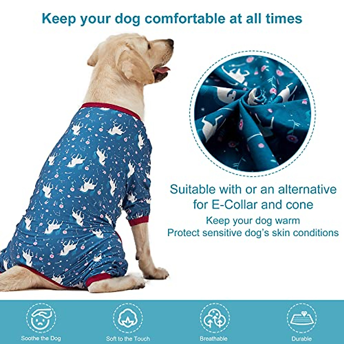 LovinPet Large Dog Pet Shirt - Undershirt for Dog Coats, Anti Licking, Pet Anxiety Relief Onesie, Floral Pony Navy Print, Large Breed Dog Clothes, Large Dog Jammies, Pet PJ's/Large