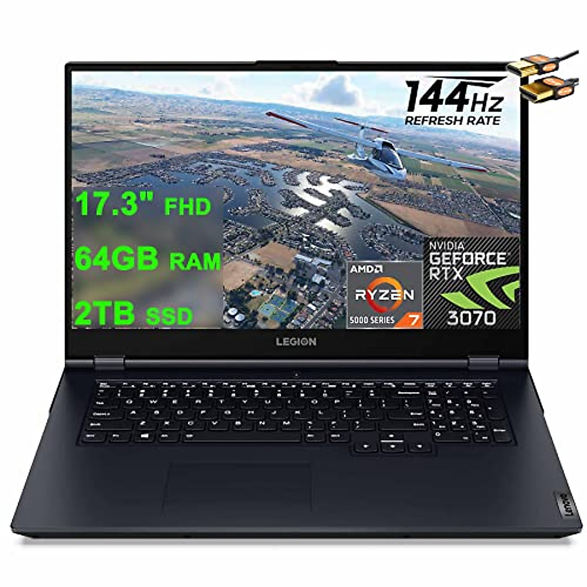 Lenovo Legion 5 17 Gaming Laptop 17.3" FHD IPS 144Hz 300 Nits AMD Octa-Core Ryzen 7 5800H (Beat i7-11375H) 64GB RAM 2TB SSD GeForce RTX 3070 8GB Backlit USB-C Nahimic Win10 + HDMI Cable