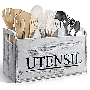 brekle White Kitchen Utensil Holder Rustic Large Wooden Utensil Organizer Cooking Tools Storage