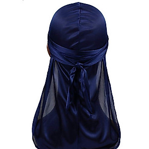 Men Silk Durag Long Straps Bandanas for Men Headwear Waves Cap (Navy)