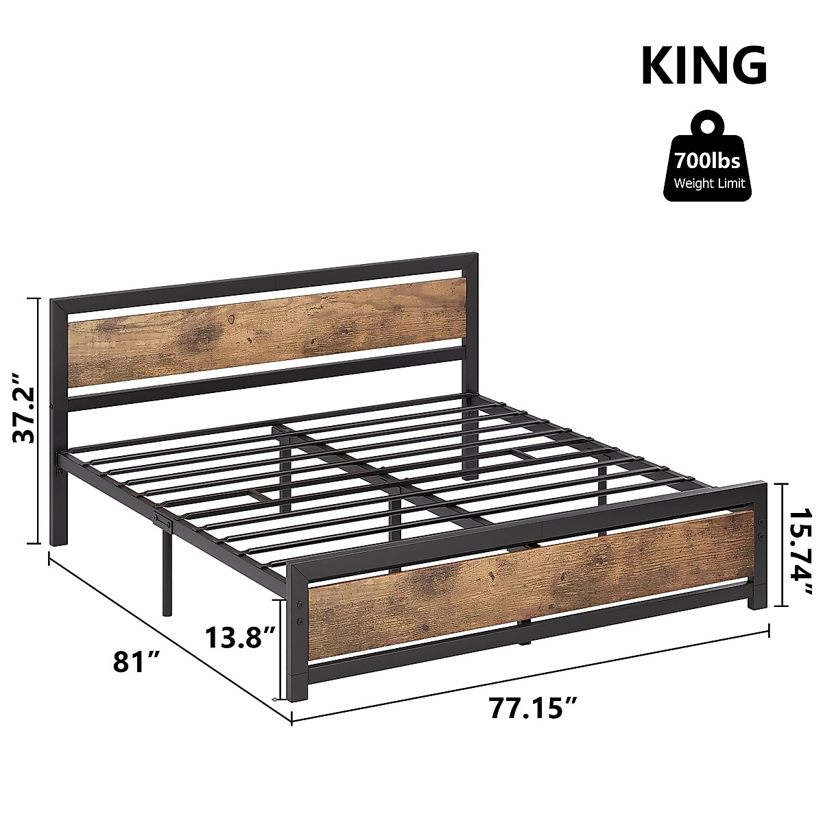 IDEALHOUSE King Size Bed Frame with Wooden Headboard and Footboard, Industrial King Bed Platform No Box Spring Needed, 14 Inch Easy Assemble Mattress Bedframe, King
