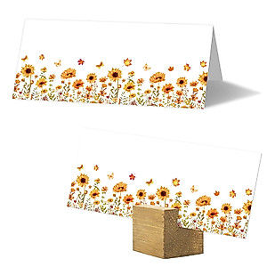 Whaline 100Pcs Fall Place Cards Orange Sunflower Maple Leaves Tented Cards Autumn Watercolor Floral Seating Cards for Thanksgiving Harvest Party Table Setting Supplies, 4 x 1.8 in