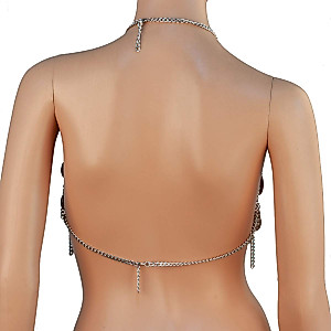 CHRAN Silver Body Chain Harness Sexy Bikini Chain Jewelry Mesh Chain Tassles Carnival Bra Top for Women Chest Chains Sequin Bra