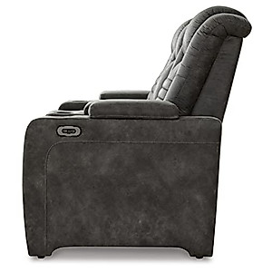 Signature Design by Ashley Soundcheck Contemporary Faux Leather Tufted Power Reclining Loveseat with Control and Adjustable Headrest, Gray