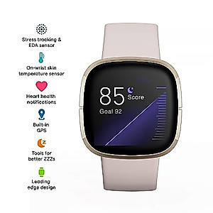 Fitbit Sense Advanced Smartwatch with Tools for Heart Health, Stress Management & Skin Temperature Trends, White/Gold, One Size (S & L Bands Included)