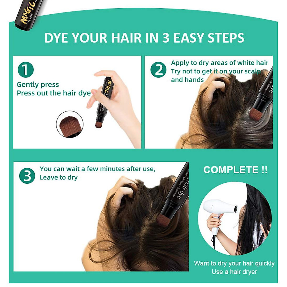 gowwim Root Hair Coloring Semi-permanent Dye Pen to Cover Gray Hair (Dark Brown)