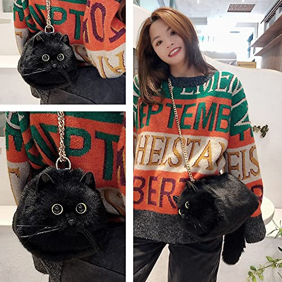 HUIJUFU Realistic Puffy Plush Cat Shaped Crossbody Handbag for Women (Black Cat)
