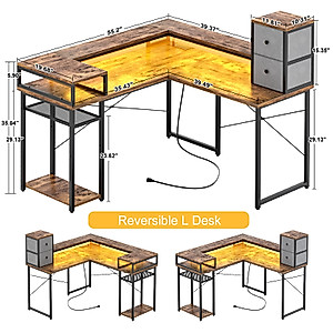 armocity L Shaped Desk with Drawers, Reversible Corner Computer Desk with LED Light & Power Outlet, 55.2'' L-Shaped Gaming Desk with Long Monitor Shelf, Home Office Desk for Small Corner Space, Rustic