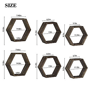 NANANARDOSO Hexagon Shelves for Wall, Pack of 6 Honeycomb Wall Shelves, Wood Farmhouse Storage Home Decor Shelf for Bathroom, Living Room, Office, Bedroom, Driftwood Finish, Brown.
