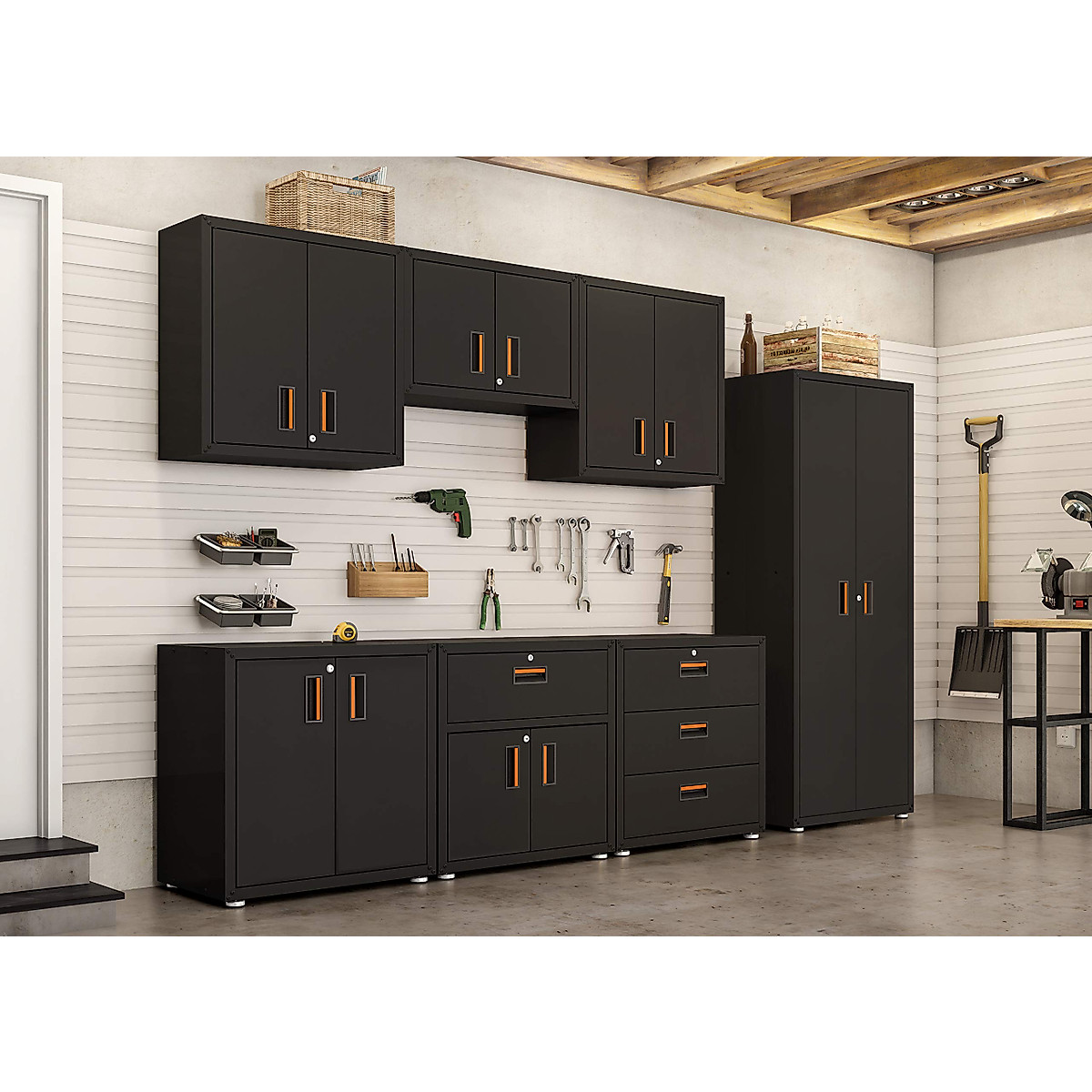 itbe Ready-to-Assemble Floating Garage Storage Cabinet - Wall Mount Garage Cabinet w/Lockable 2 Doors, 44 lbs Shelf Capacity, Removable Shelf, Small Steel Metal Cabinet(Black)