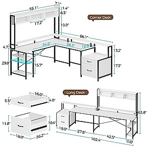 Rolanstar Computer Desk with File Drawer & Led Lights, 102.4" L Shaped Desk with Power Outlets, Gaming Desk with Monitor Stand, Hutch & Storage Shelf, Home Office Desk White