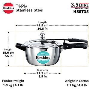 Hawkins 3.5 Litre Triply Stainless Steel Pressure Cooker, Inner Lid Cooker, Silver (HSST35)