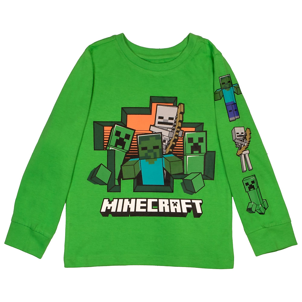 Minecraft Characters Boys Long Sleeve T-Shirt, 2-Pack Bundle Set for Kids and Toddlers (Size 10/12, Green/Royal)