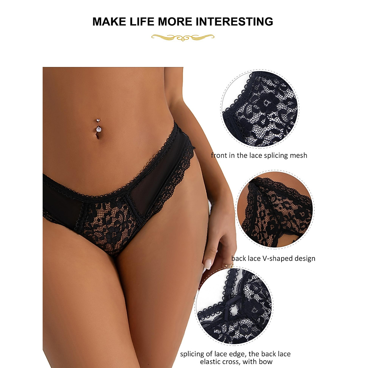 ohyeah Black Lace Thongs for Women Sexy Plus Size Lace Panties Cheeky Underwear Low Waist Underwear Lace Panties 3-Pack