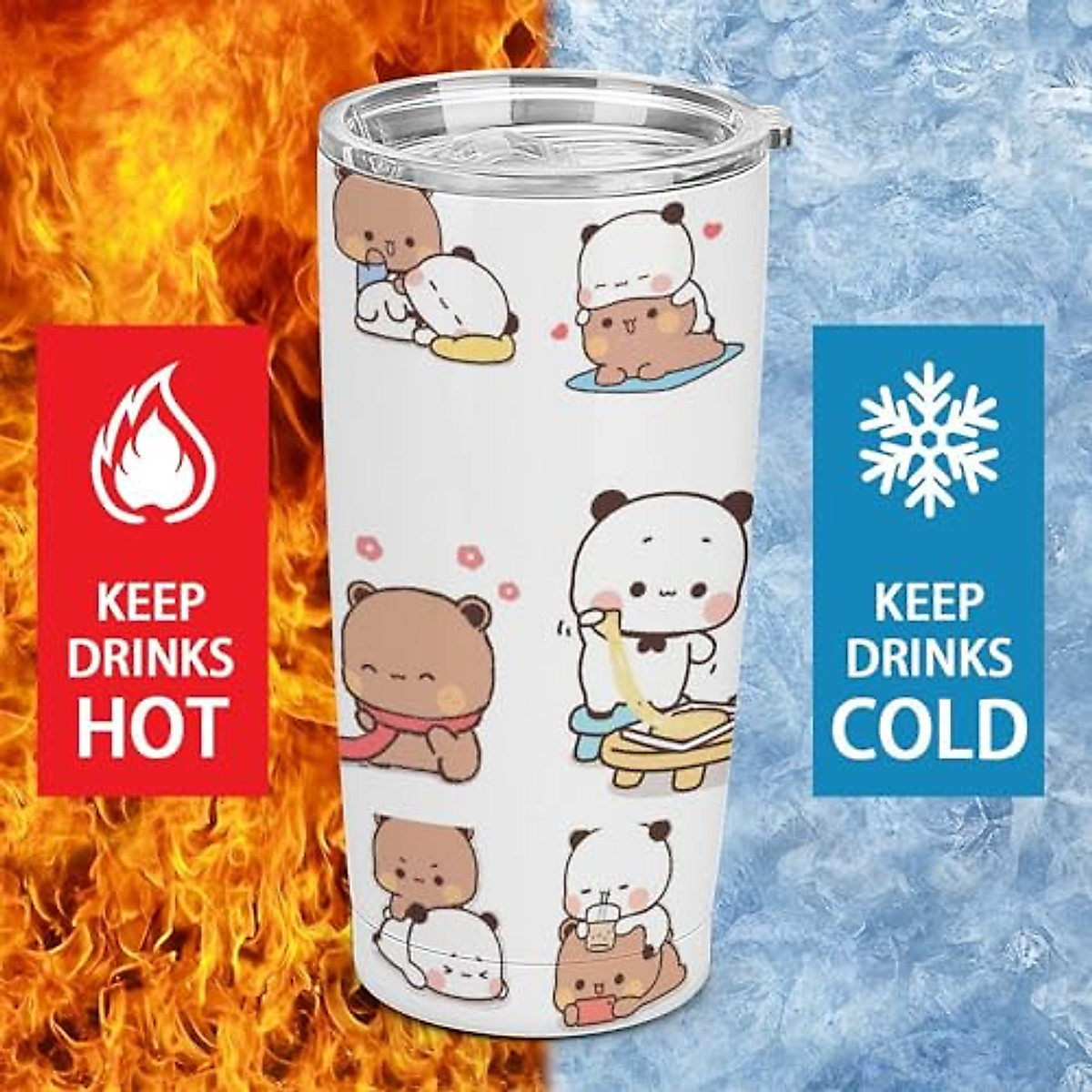 KAOQUANYA Cute Bear Panda And Dudu-2 20 Oz Covered Straw Tumbler Stainless Steel Double Wall Vacuum Insulated Travel Cup With Leak Proof Lid Stainless Steel Water Bottle Reusable Ice Hot Drinks Mug