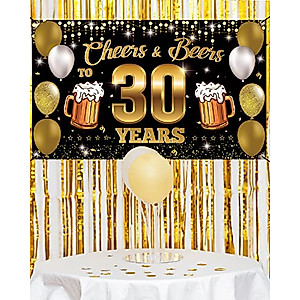 HTDZZI Cheers & Beers to 30 Years Backdrop Banner, Happy 30th Birthday Decorations for Men Women, 30th Anniversary Decor, Black Gold 30 Year Old Birthday Party Sign Poster Supplies, 6.1ft x 3.6ft