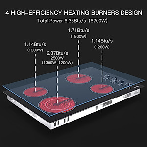 Electric Cooktop 30 inch Ceramic Stove 4 Burners Built-in Stove Top Electric Hot Plate Satin Glass cooktop in Black, Control by Knob/Timer/Child Safety Lock/9 Power Levelsr/220-240V 6700W
