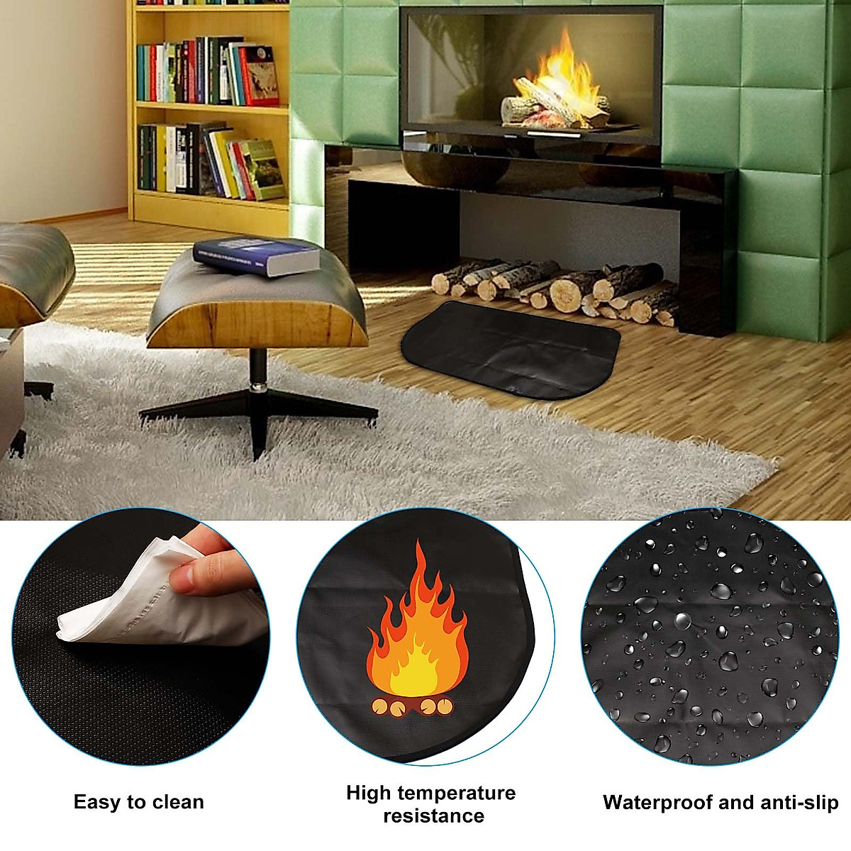 NQEUEPN Fireplace Mat, 42x24 Inch Hearth Pad Half Round Fire Flame Resistant Floor Covering Protection Heat Proof Grill Mat for Wood Stove Indoor Outdoor (Black)
