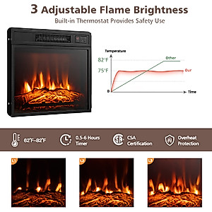 Tangkula Fireplace TV Stand for TVs up to 65 Inches, with 18 Inches 1400W 5,000 BTU Electric Fireplace Insert, Adjustable Flame Brightness & Heat, Timer and Remote Control (Walnut)