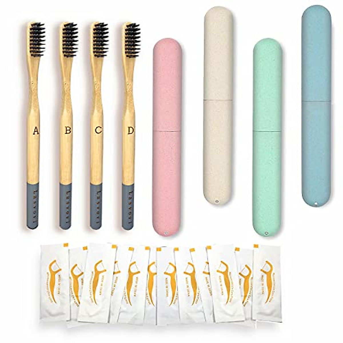 Travel Toothbrush Kit-Toothbrush Case 4 Pack with 4 Bamboo Toothbrush and 10 Dental Floss-Portable Toothbrush Holder for Travel/Camping/School/Home