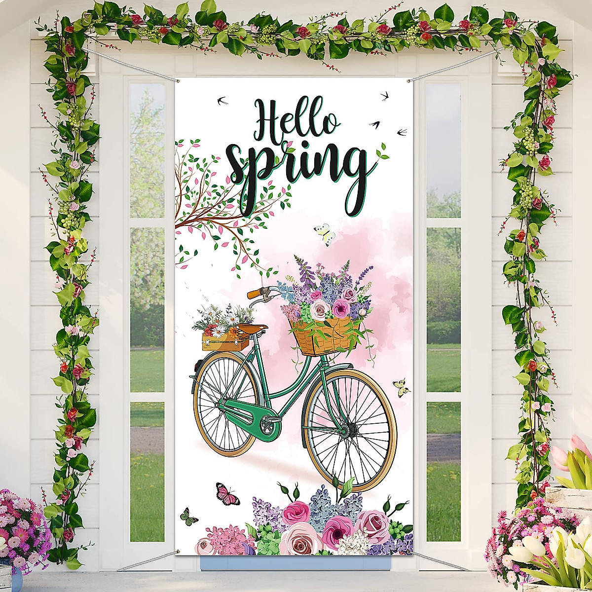 Hello Winter Welcome Porch Sign Door Cover Banner Winter Party Decoration Backdrop Floral Bike Banner Large Seasonal Door Banner Background Door Cover, 70.8 x 35 Inch (Spring Style)