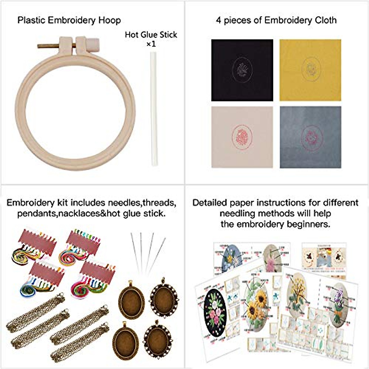 ZOCONE 4 Packs Embroidery Necklace Kit, Embroidery Pendant Kit Mini Cross Stitch Kit with Hoop, Necklace, Pendant, Stamped Pattern Cloth, Instructions, etc, Embroidery Kit for Adults